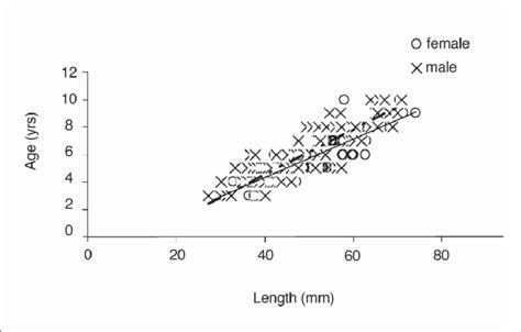 Length At Age Functions For Female R 2 074 And Male Dashed Line