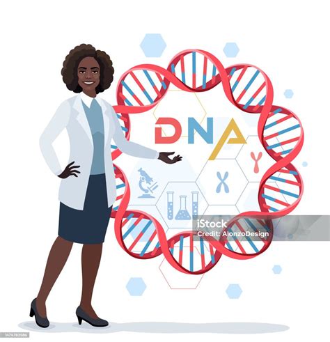 Dna 나선형 모델을 보여주는 아프리카계 미국인 여성 의사 캐릭터 의료 실험실 개념입니다 Dna 나선형 모델 의료 실험실 개념입니다 과학자에 대한 스톡 벡터 아트 및 기타