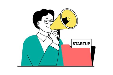 플랫 웹 디자인에서 사람들 장면을 가진 스타트업 비즈니스 개념 확성기를 가진 남자는 새로운 회사 프로젝트를 홍보하고 개발합니다 소셜 미디어 배너 마케팅 자료에 대한 벡터