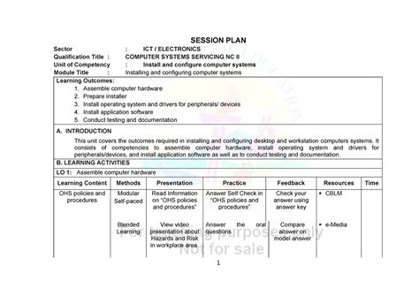 Computer System Servicing Sp Session Plan Sector Ict Electronics