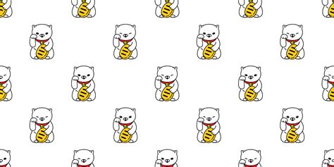 Cat Seamless Pattern Luckey Cat Japan Maneki Neko Vector Kitten Calico Scarf Isolated Repeat