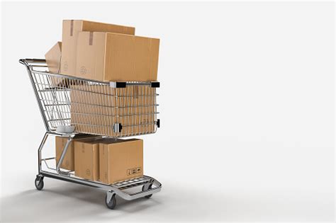 쇼핑 카트로 골판지 상자 종이 포장 배달 화물 물류 및 운송 창고 보관 개념 3d 렌더링 배경 주제에 대한 스톡 사진 및 기타