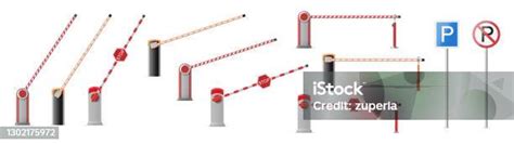 흰색 배경에 고립 된 정지 및 공원 표지판이있는 개방형 및 폐쇄 된 주차 주차장 장벽 게이트 세트 3차원 형태에 대한 스톡 벡터 아트 및 기타 이미지 Istock