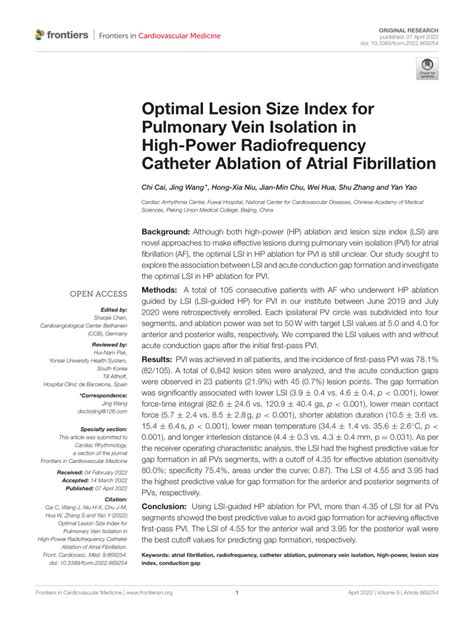 Pdf Optimal Lesion Size Index For Pulmonary Vein Isolation In High Power Radiofrequency