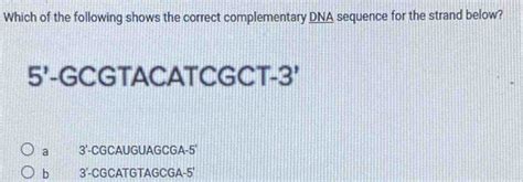 Solved Which Of The Following Shows The Correct Complementary DNA Sequence For The Strand Below