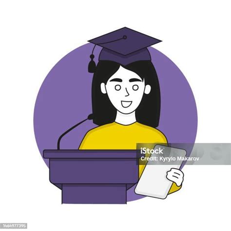 트리뷴 뒤에서 학업 모자를 쓴 학생이 연설을 합니다 여성 디플로마 방어 학사 및 석사 학위 고등 교육 흰색 배경에 노란색과