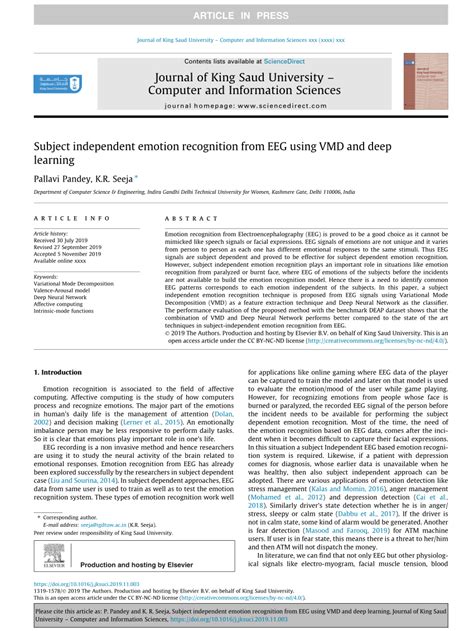 Pdf Subject Independent Emotion Recognition From Eeg Using Vmd And Deep Learning