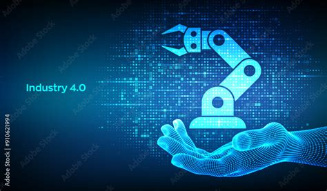 Smart Industry 40 Icon Made With Binary Code In Wireframe Hand Factory Automation Autonomous