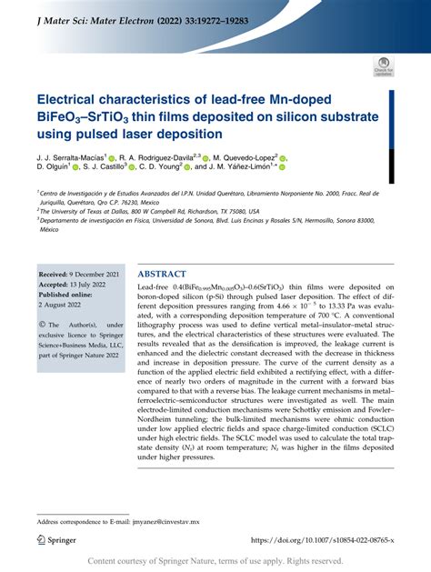 Electrical Characteristics Of Lead Free Mn Doped Bifeo3 Srtio3 Thin Films Deposited On Silicon