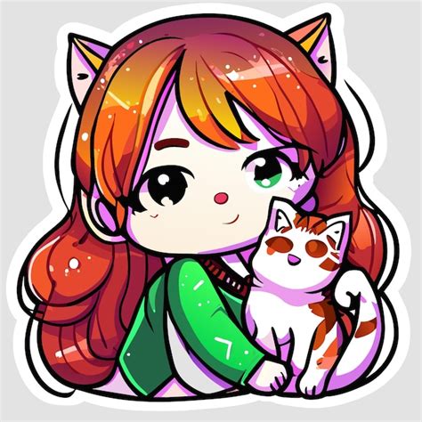 귀여운 소녀와 고양이 귀여운 손으로 그린 만화 스티커 아이콘 개념 격리된 그림 프리미엄 Ai 생성 벡터