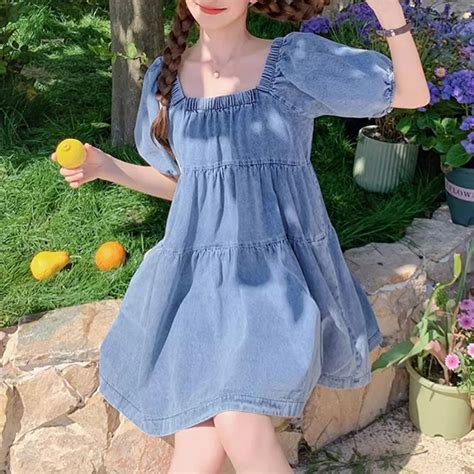 다파라뽐 스퀘어 밴딩넥 여름 퍼프소매 루즈핏 귀여운 데님 미니원피스 4부반팔 소녀룩 캉캉 청원피스