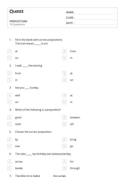 50 Prepositions Worksheets For 2nd Grade On Quizizz Free And Printable