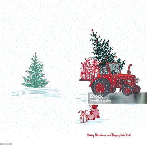 축제 새 해 2019 카드입니다 전나무 나무와 빨간 트랙터 빨간색 볼 장식과 휴가 선물 화이트 눈 완벽 한 배경 크리스마스에 대한 스톡 벡터 아트 및 기타 이미지 Istock