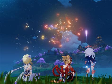 Yoimiya Lumine Piamon Watching Beautiful Night Fireworks Genshin Impact K Wallpaper Download