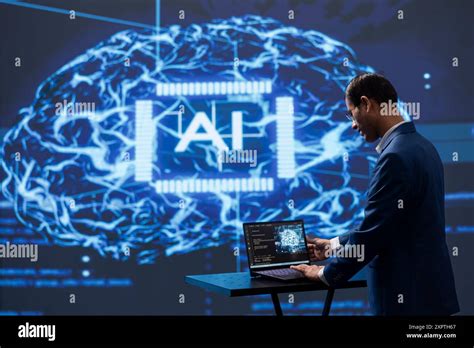 Computer Scientist Analyzing Complex Ai Brain Models On Laptop It