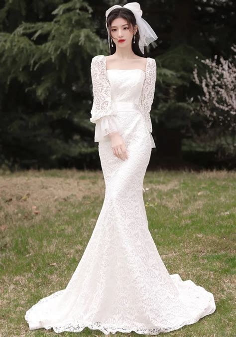 우아하고 심플한 인어 스퀘어 넥 레이스 빈티지 전체 긴 소매 스윕 기차 웨딩 드레스 웨딩 드레스 신부 가운 드 마리에결혼식