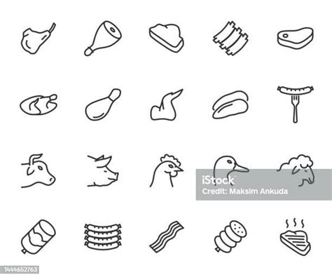 고기 라인 아이콘의 벡터 세트입니다 쇠고기 돼지 고기 닭고기 오리 양고기 베이컨 소시지 햄 갈비 스테이크 등의 아이콘이 들어 있습니다 완벽한 픽셀 아이콘에 대한 스톡 벡터
