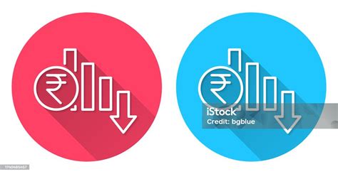 Indian Rupee Rate Decrease Round Icon With Long Shadow On Red Or Blue