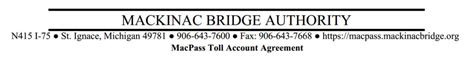 Macpass Toll Account Agreement Mackinac Bridge Authority