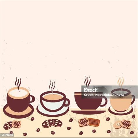 벡터 그림 카푸치노 커피 라 떼 비스킷 커피 콩 엽서 포스터 포스터 로고 명함 메뉴 레시피 서식 파일에 대 한 베이킹과 에스프레소 한 잔 텍스처와 아름 다운 배경 0명에