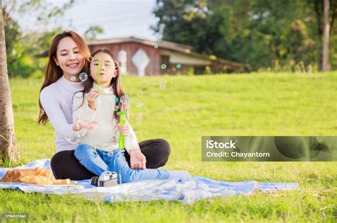 행복한 가족 피크닉 어린 소녀는 부모와 함께 비누 거품을 불어 재미와 피크닉 천에 피크닉 동안 함께 즐겼다 가족은 녹색 공원에서 휴식을 취합니다 가족 주말 어머니에 대한