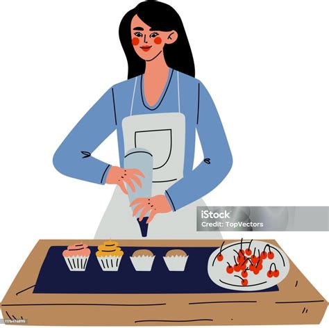 소녀 베이킹 및 장식 컵 케이크 젊은 여자 요리 부엌 벡터 일러스트 일러스트레이션에 대한 스톡 벡터 아트 및 기타 이미지 일러스트레이션 앞치마 여자 Istock