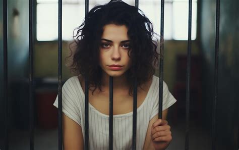 Premium Ai Image Criminal Woman Behind Prison Bars Looking At Camera