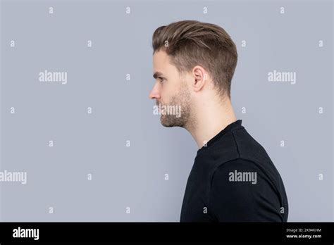 Man With Stubble Isolated On Grey Background Face Of Caucasian Man
