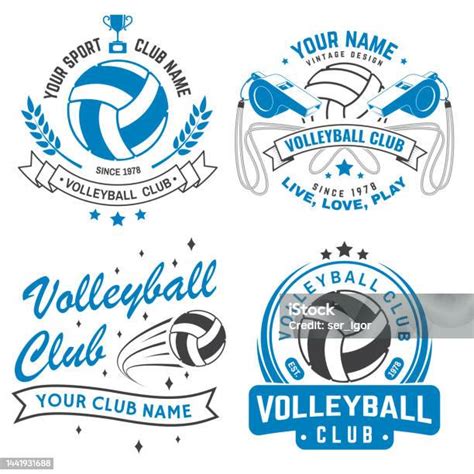 배구 클럽 배지 디자인의 집합입니다 벡터 그림입니다 대학 리그 스포츠 클럽 엠블럼 사인 로고 빈티지 흑백 라벨 스티커 배구 공