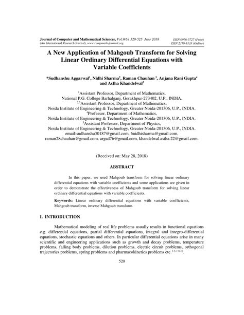 Pdf A New Application Of Mahgoub Transform For Solving Linear Ordinary Differential Equations