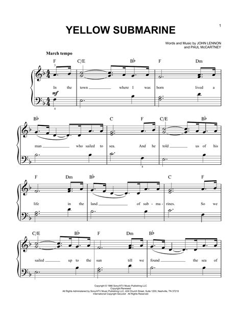 Yellow Submarine By The Beatles Sheet Music For Easy Piano At Sheet