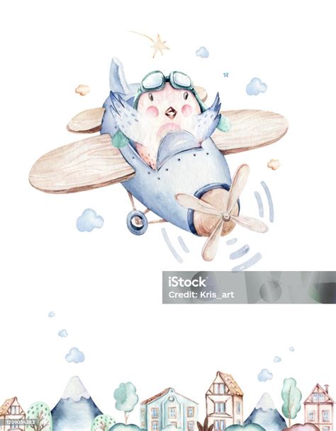 수채화 세트 아기 만화 귀여운 조종사 항공 배경 일러스트 비행기 풍선 구름 완료 멋진 하늘 전송의 배경 그림입니다 유치한 소년 패턴 그것은 베이비 샤워 일러스트입니다 관광에
