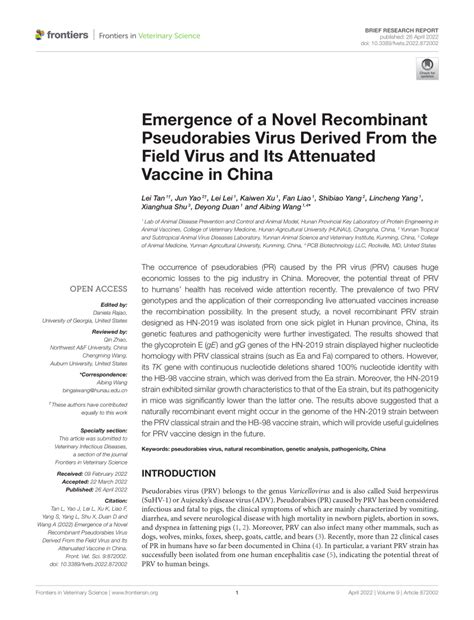 Pdf Emergence Of A Novel Recombinant Pseudorabies Virus Derived From The Field Virus And Its
