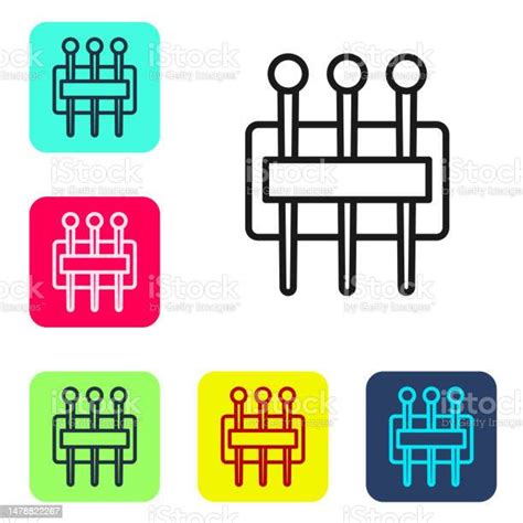 흰색 배경에 격리된 바느질 아이콘을 위한 검은색 선 바늘 재단사 기호입니다 직물은 공예 사인을 꿰매었다 자수 도구 색상 사각형 버튼으로 아이콘을 설정합니다 벡터 3차원