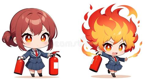 Adorable Chibi Anime Girls Promoting Fire Safety In Pixel Art Style Stock Illustration
