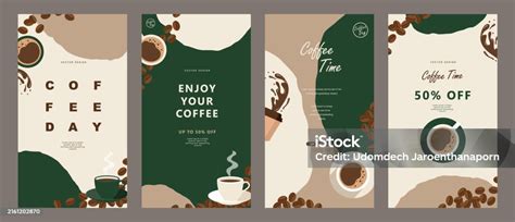 스토리 스토리텔링 카드 배너 포스터 표지 카페 메뉴 또는 다른 디자인을 위한 최소한의 배경에 커피 원두와 커피 머그잔이 있는 소셜 미디어 템플릿 세트입니다 벡터 일러스트