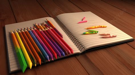 Notebook With Color Pencils In 3d Rendering Background Diary Background Blank Notebook Diary