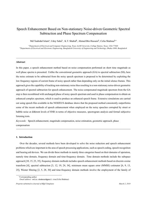 Pdf Speech Enhancement Based On Non Stationary Noise Driven Geometric Spectral Subtraction And