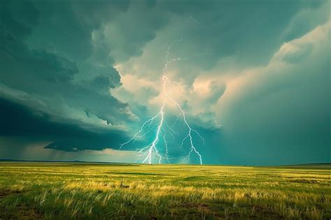 A Lightning Bolt Is Over A Field Of Grass Premium Ai Generated Image