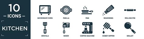 채워진 주방 아이콘 세트입니다 플랫 전자레인지 빠에야 팬 조미료 롤링 핀 주걱 믹서 커피 머신 꿀 국자 프라이팬 아이콘을 편집 가능한 형식으로 포함합니다 꿀에 대한 스톡