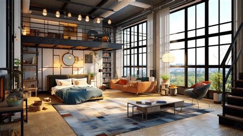 실내 발코니가 있는 산업 스타일 로프트 아파트의 놀라운 3d 렌더링 방 디자인 배경 고급 주방 배경 놀라 배경 이미지 Hd 방 디자인 고급 주방 놀라 배경 사진