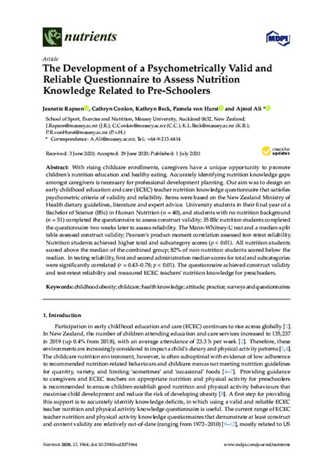 Pdf The Development Of A Psychometrically Valid And Reliable Questionnaire To Assess Nutrition