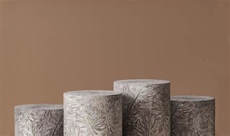 3d 스톤 포디움 디스플레이 세트 복사 공간이있는 베이지 갈색 배경에 몬스터 잎이있는 콘크리트 천연 바위 받침대 미용 미용 이나 제품 프리젠 테이션을위한 최소한의 장면 추상