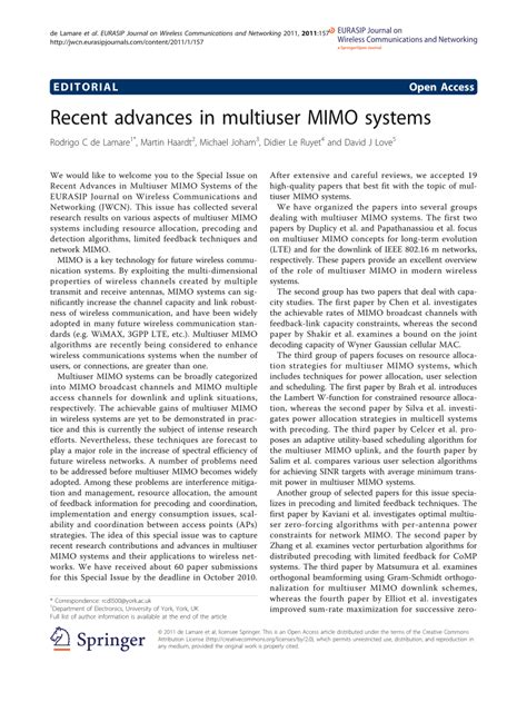 pdf recent advances in multiuser mimo systems