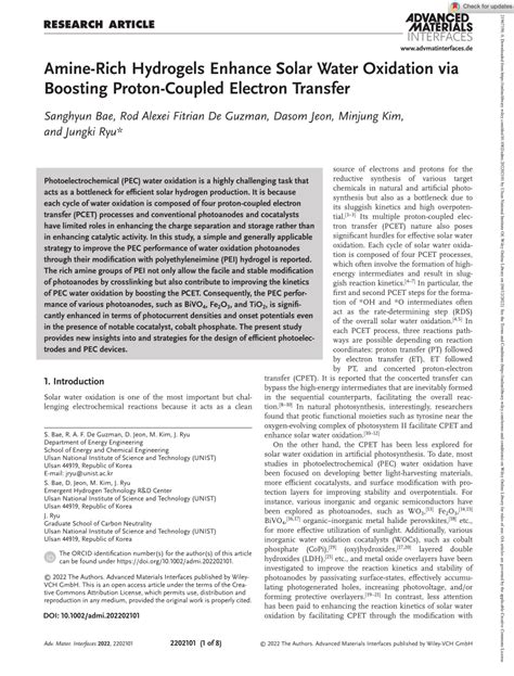 Pdf Amine Rich Hydrogels Enhance Solar Water Oxidation Via Boosting Proton Coupled Electron
