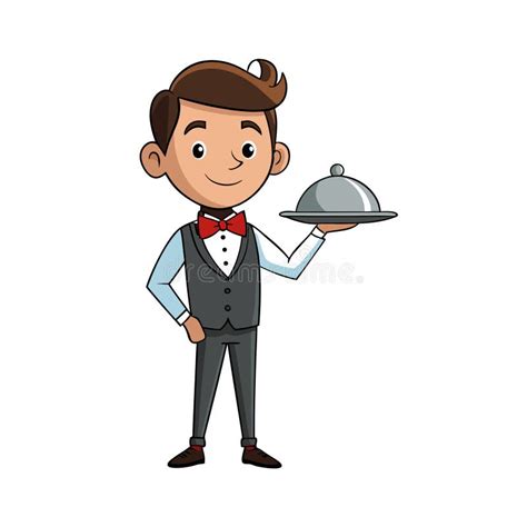 Cartoon Waiter Holding A Silver Serving Tray With A Lid Isolated On
