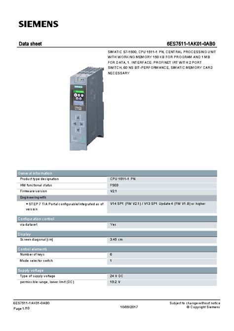 Siemens Simatic S7 1500 Cpu