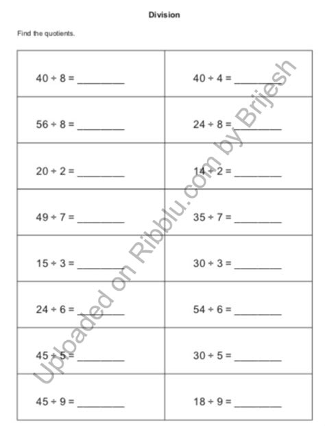 Division Worksheets For Class 3 Maths Free Download