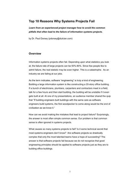 Top 10 Reasons Why Systems Projects Fail Dulcian Inc