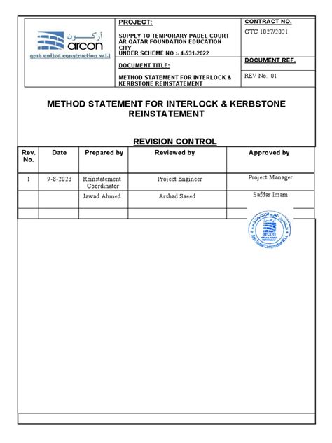 Method Statement For Interlock And Kerbstone Reinstatement Pdf